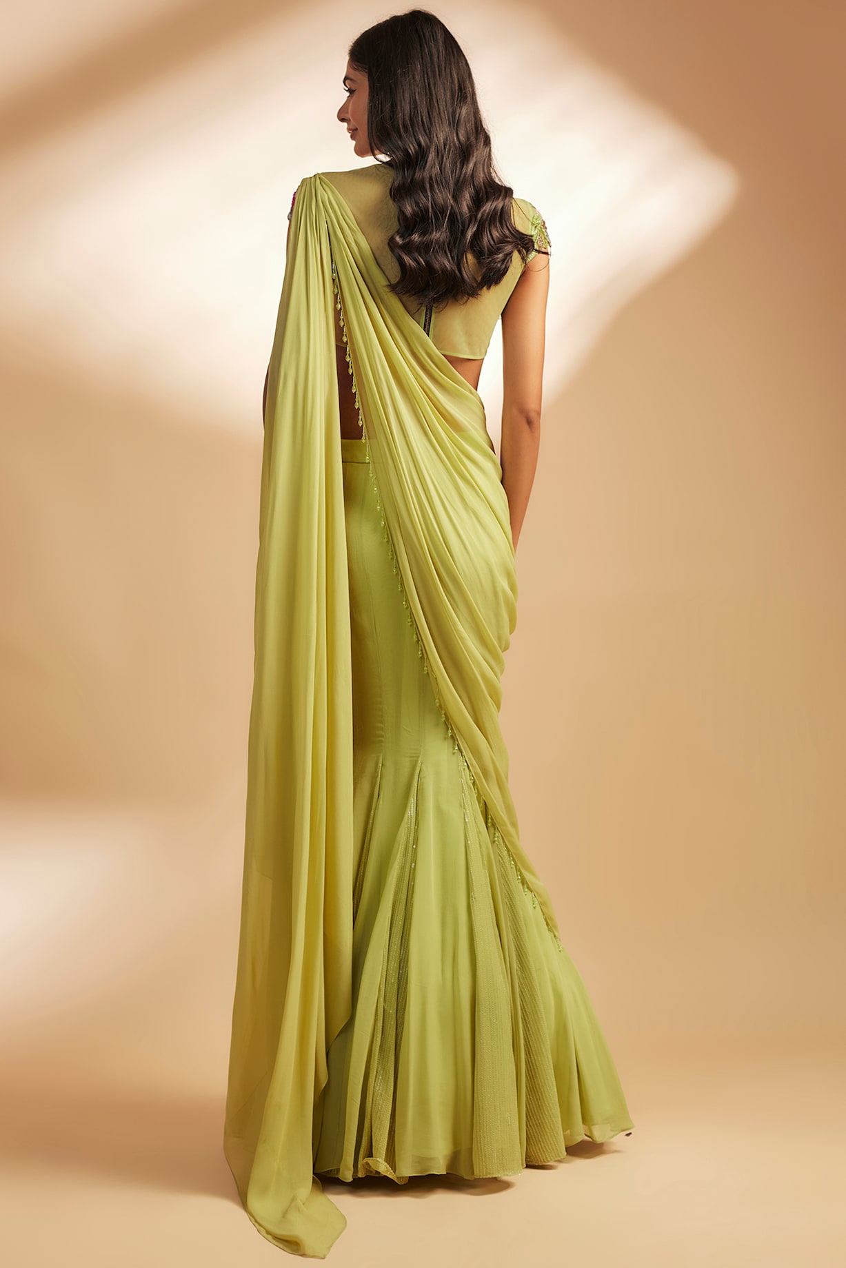 Green Georgette & Net Fish Cut Godet Skirt Saree Set by Dinesh Malkani ...