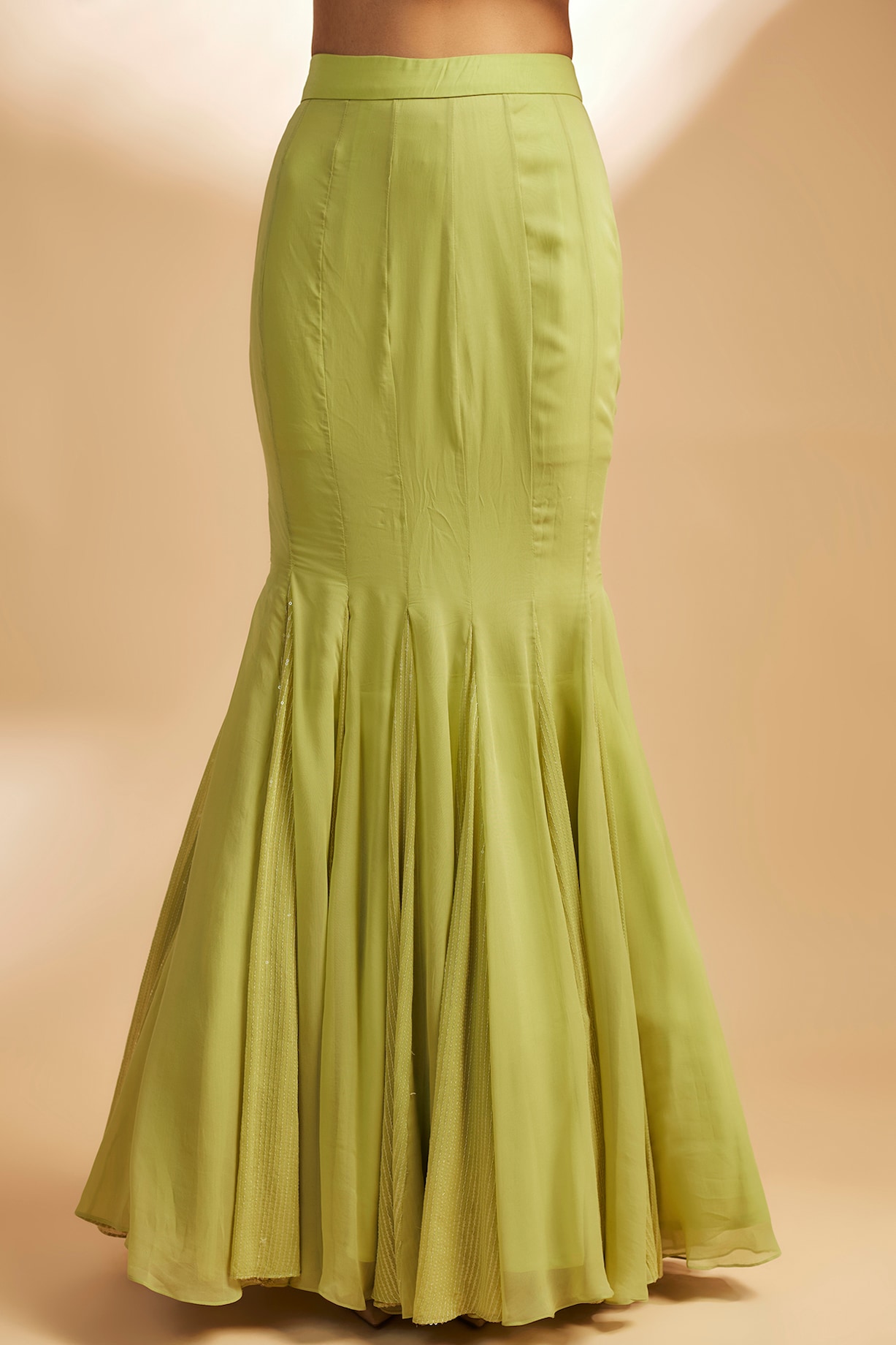 Green Georgette & Net Fish Cut Godet Skirt Saree Set by Dinesh Malkani ...