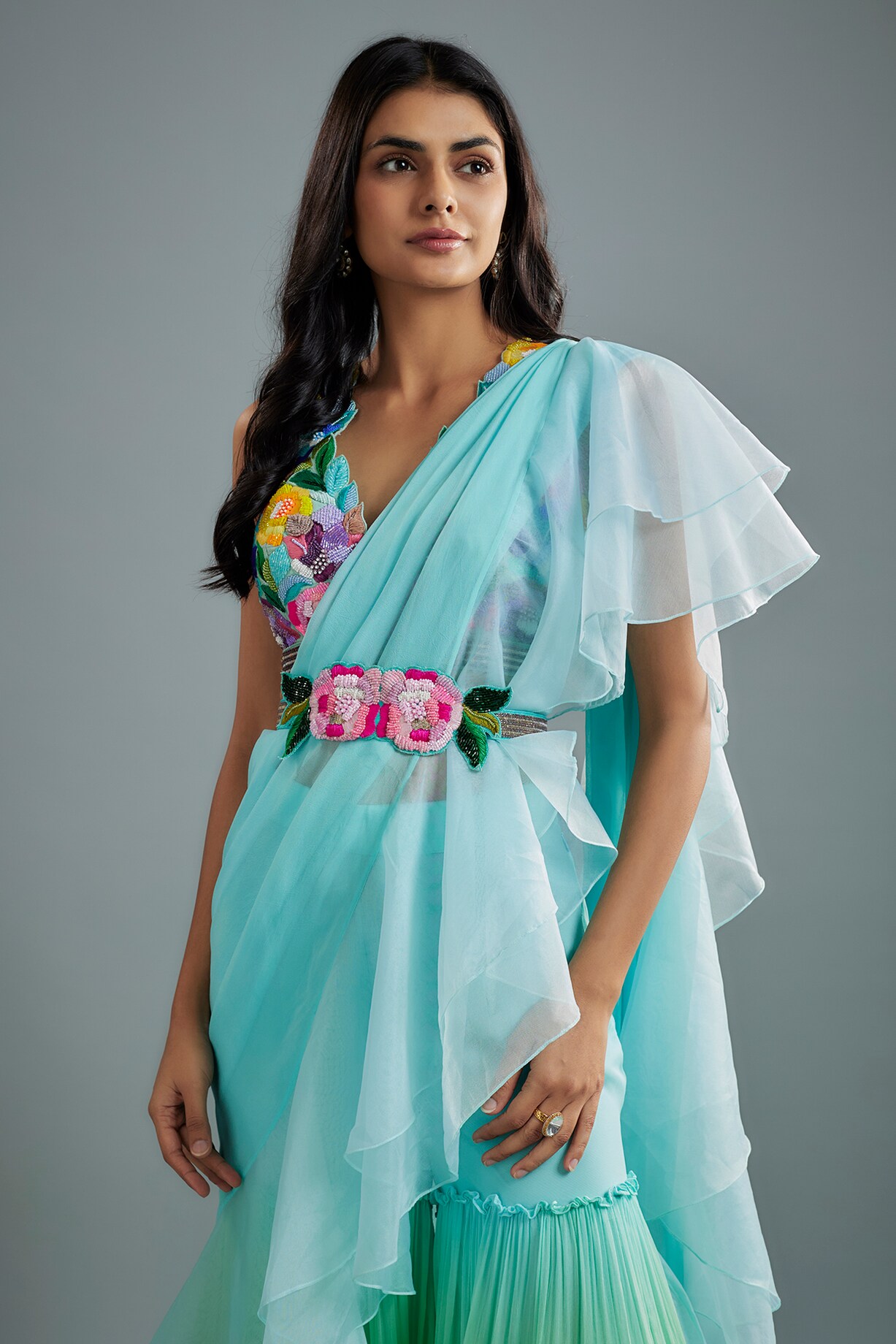 Aqua Green Pant Saree Set by Dinesh Malkani at Pernia's Pop Up Shop 2026