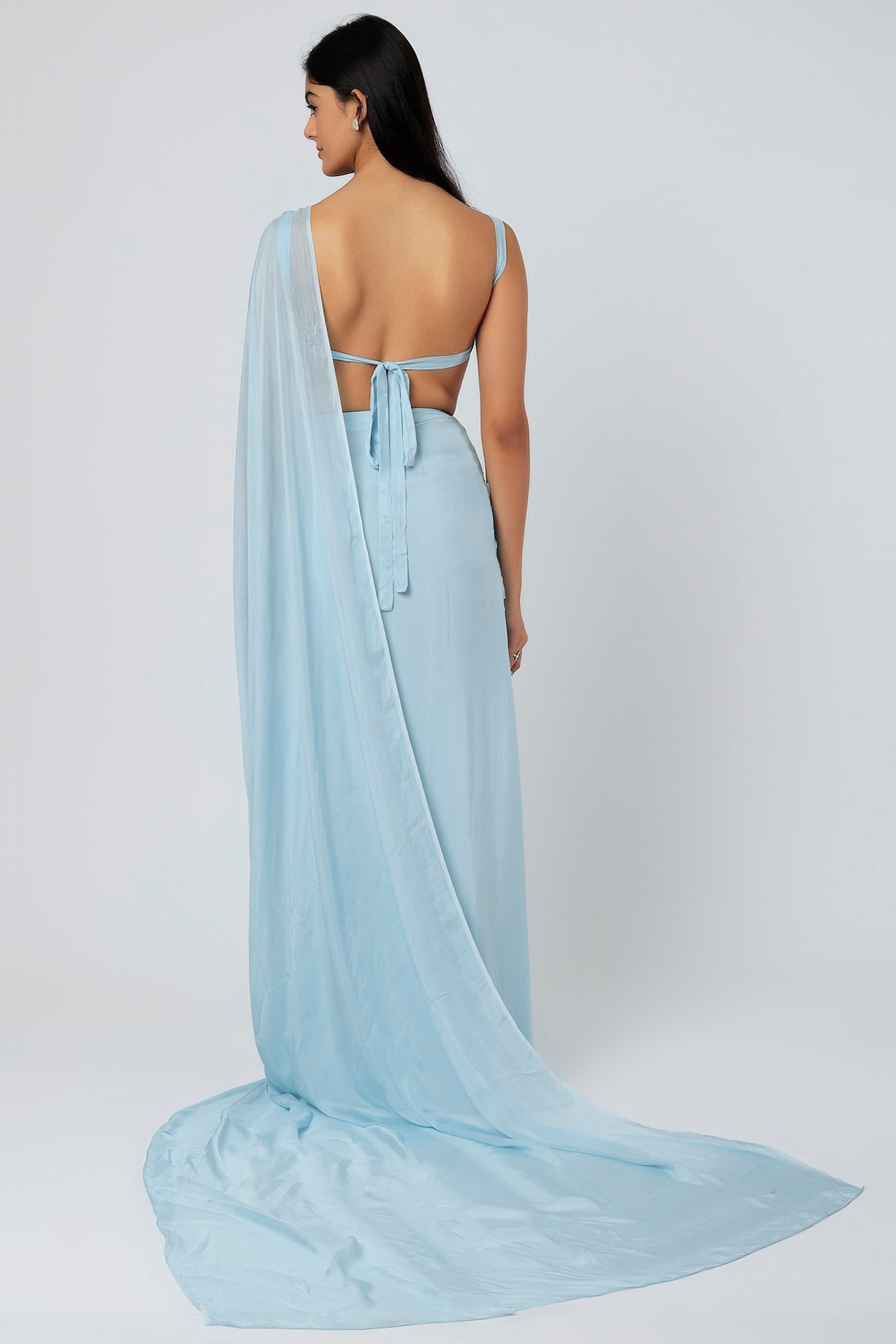 Baby Blue Chiffon Draped Pre-Stitched Saree Set by Deme by Gabriella at ...