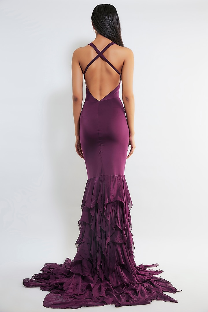 Wine Malai Lycra & Chiffon Ruffled Mermaid Cut Dress by Deme by ...