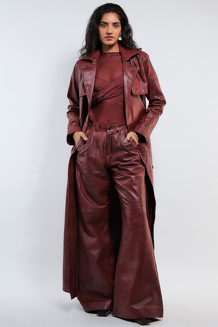 Cherry Red Leather Trench Coat Set Design By Deme By Gabriella At