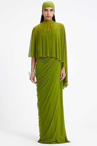 Lime Green Malai Lycra & Net Asymmetric Engagement Gown With Cape by ...