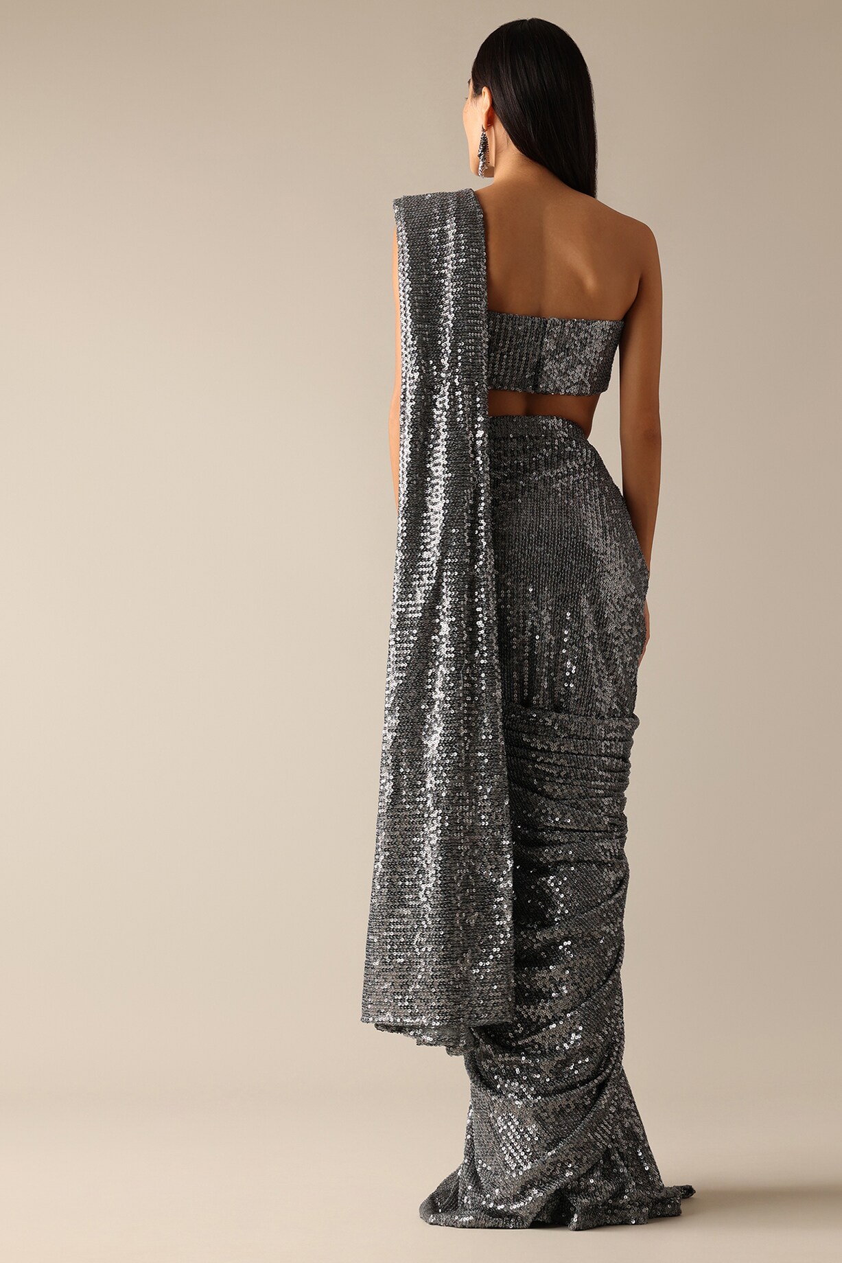 Dark Grey Net Sequins Pre-Pleated Saree Set by Deme by Gabriella at ...