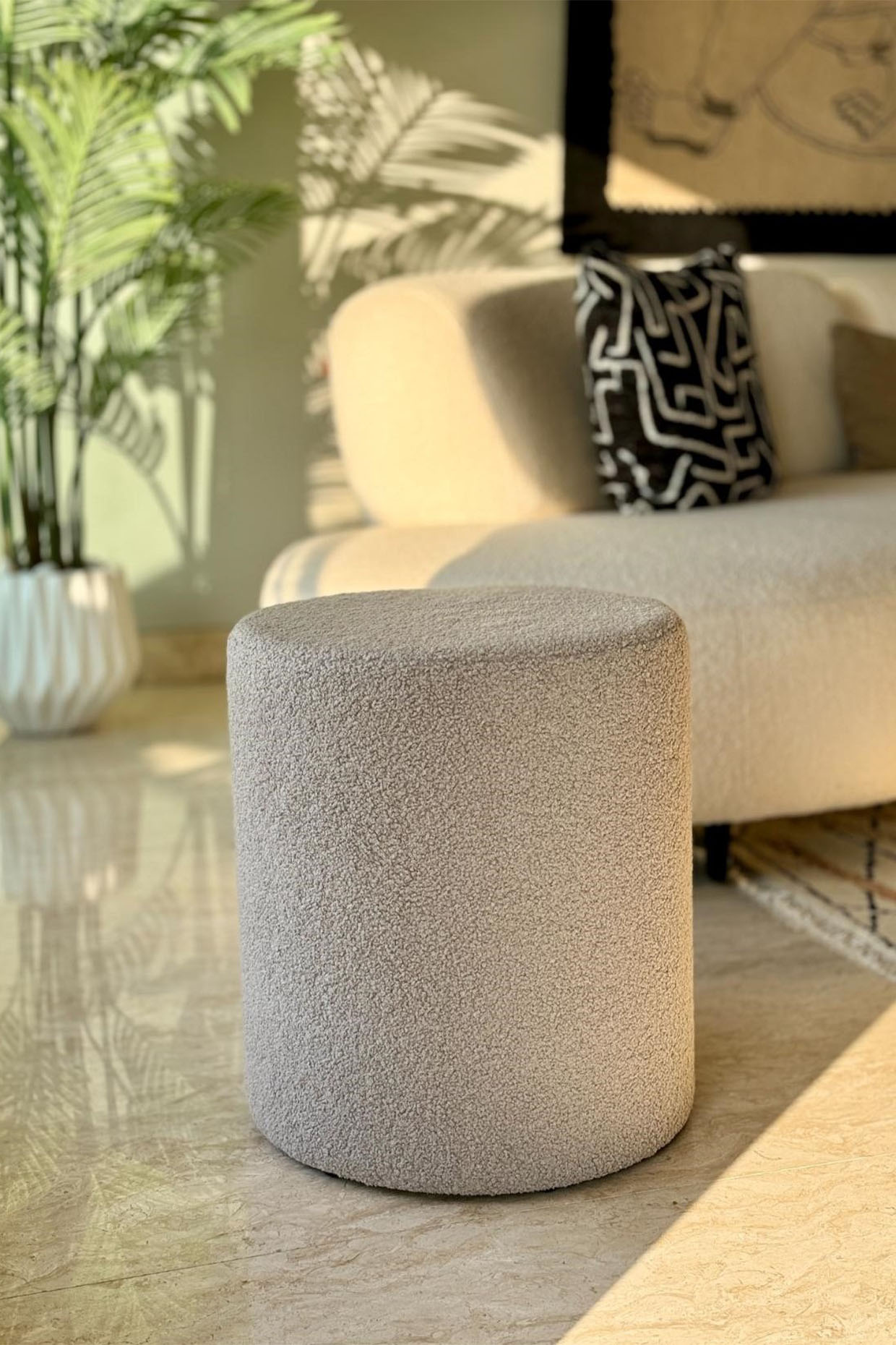 Light Grey Boucle & Stainless Steel Pouffe by Mason Home at Pernia's ...