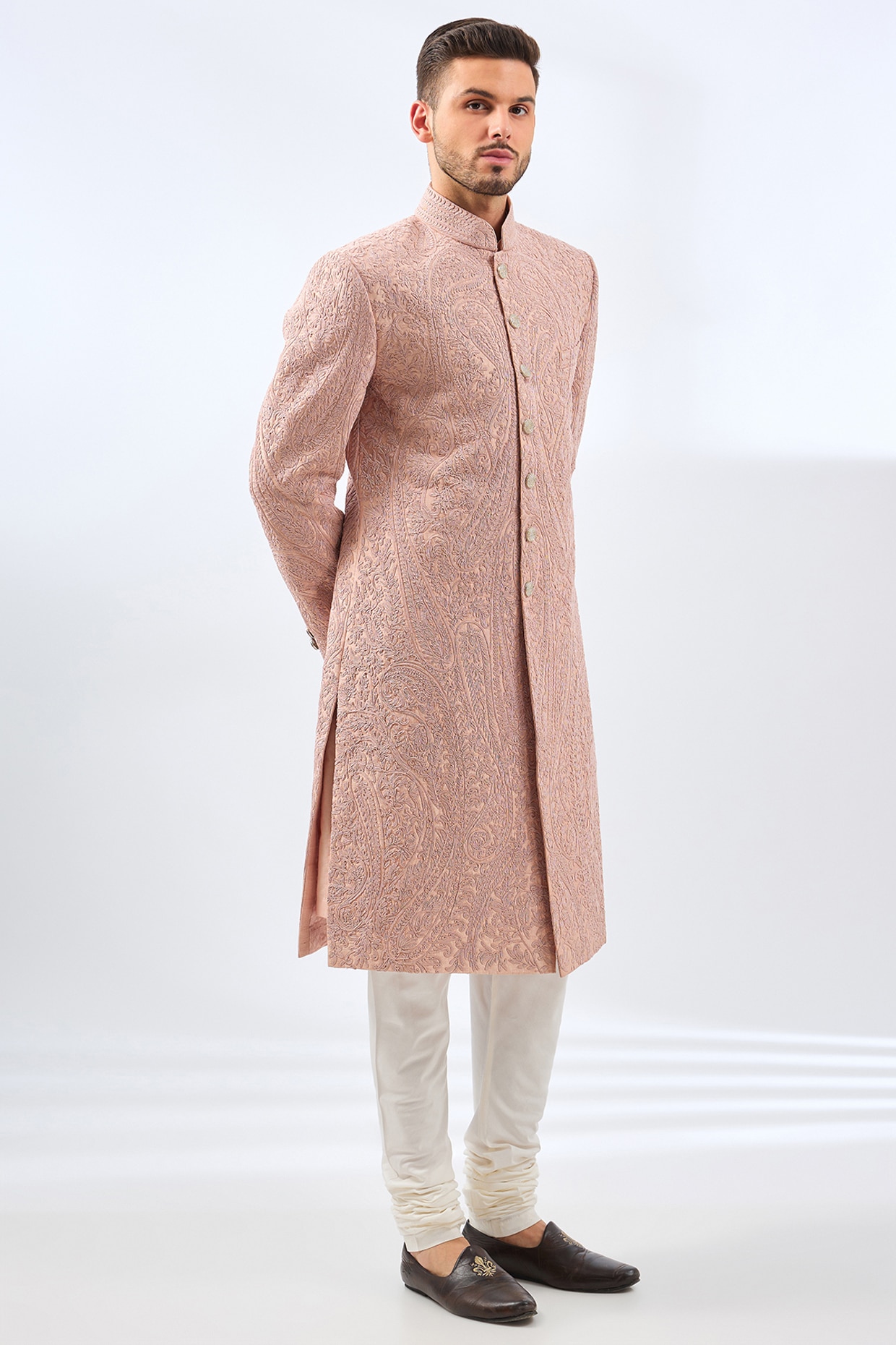 Pyazi Pink Silk Groom Sherwani Set by Divyam Mehta Men at Pernia's Pop ...