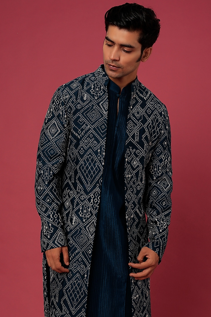 Blue Embroidered Indo Western Set by Divyam Mehta Men at Pernia's Pop ...