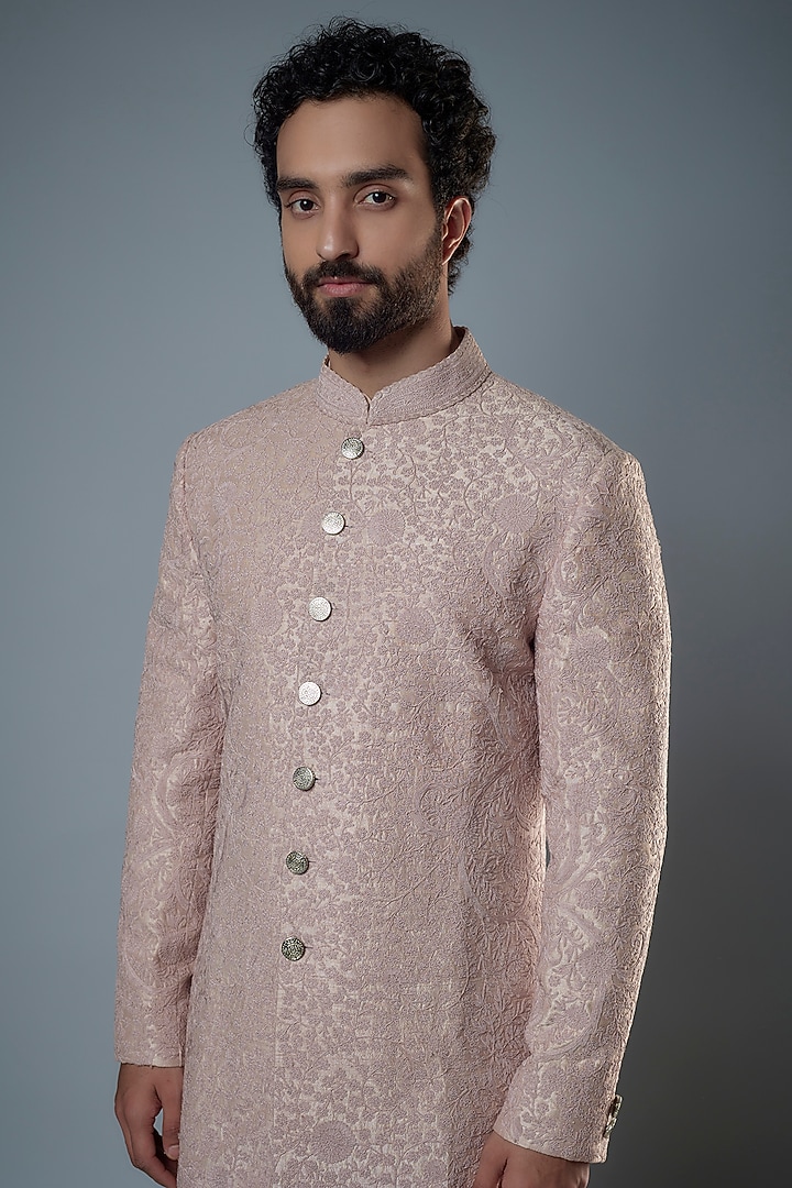 Pink Raw Silk Cross-Stitch Embroidered Achkan Groom Sherwani Set by ...