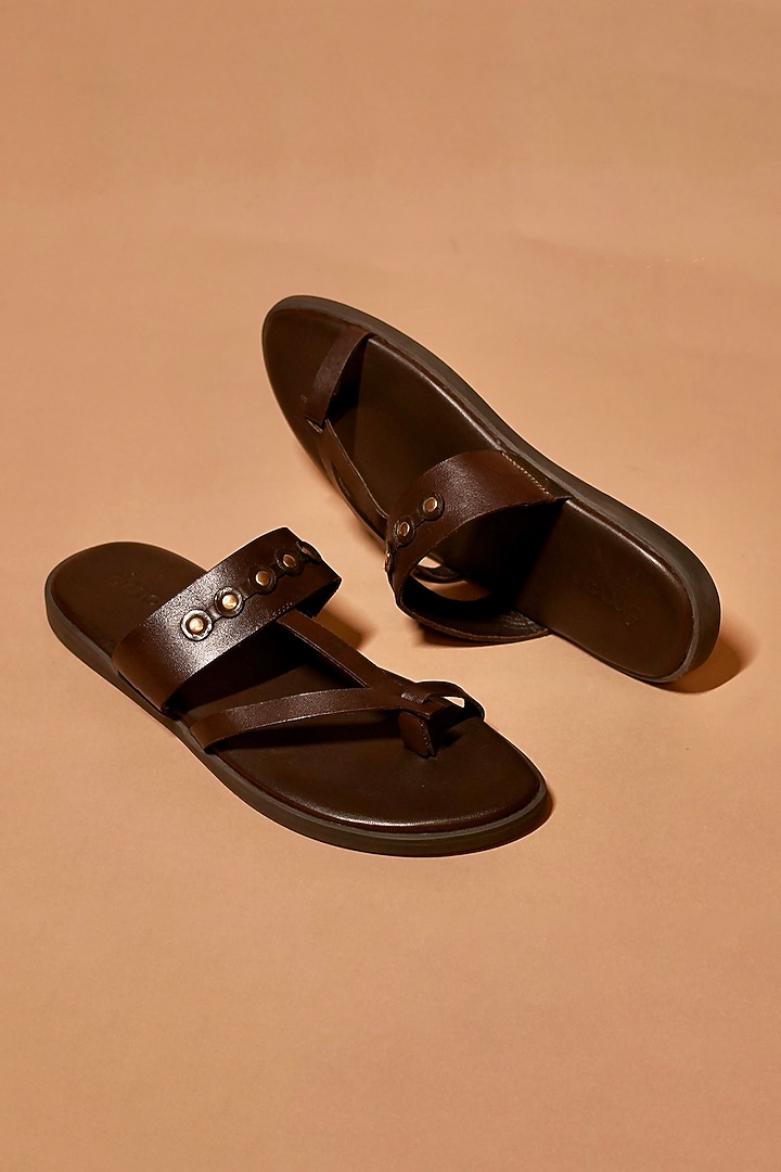 Espresso Brown Leather Rivet Stud Embellished Flats by Dmodot at Pernia ...