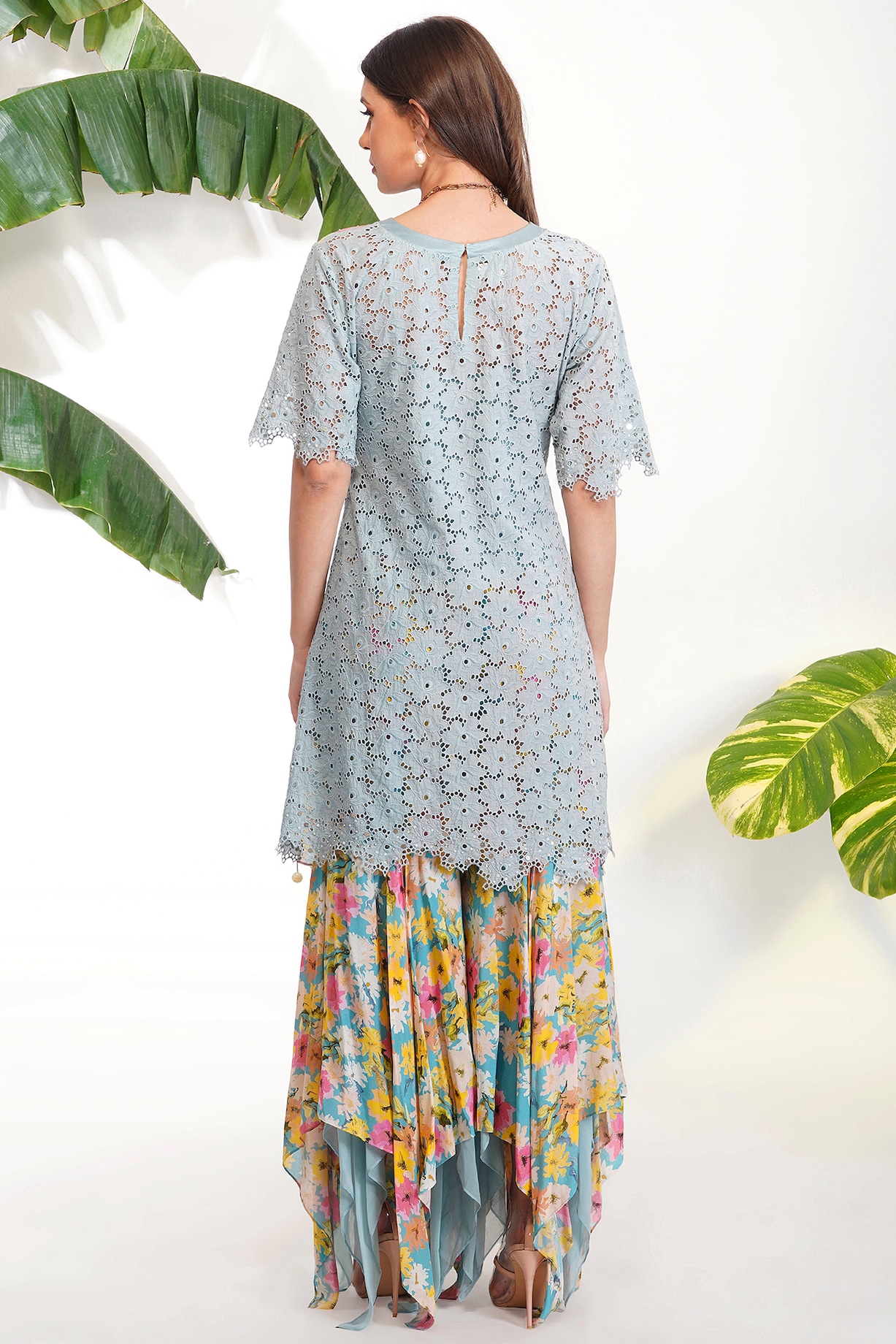 Sky Blue Cotton Silk Floral Printed Gharara Set by Devyani Mehrotra at ...