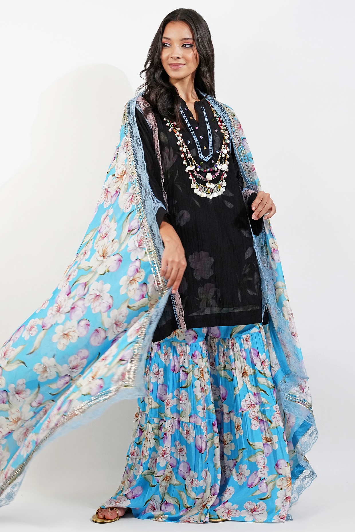 Sky Blue Muslin Floral Printed Gharara Set by Devyani Mehrotra at ...