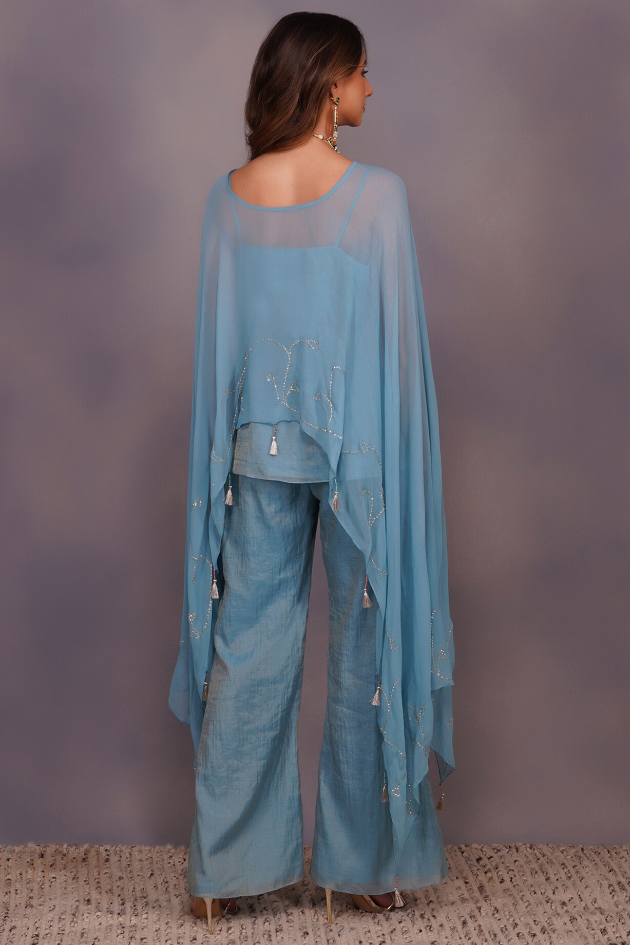 Turquoise Sequins Embroidered Cape Set by Devyani Mehrotra at Pernia's ...