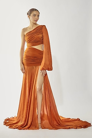 Rust Malai Lycra & Chiffon Engagement Gown by Deme by Gabriella at ...