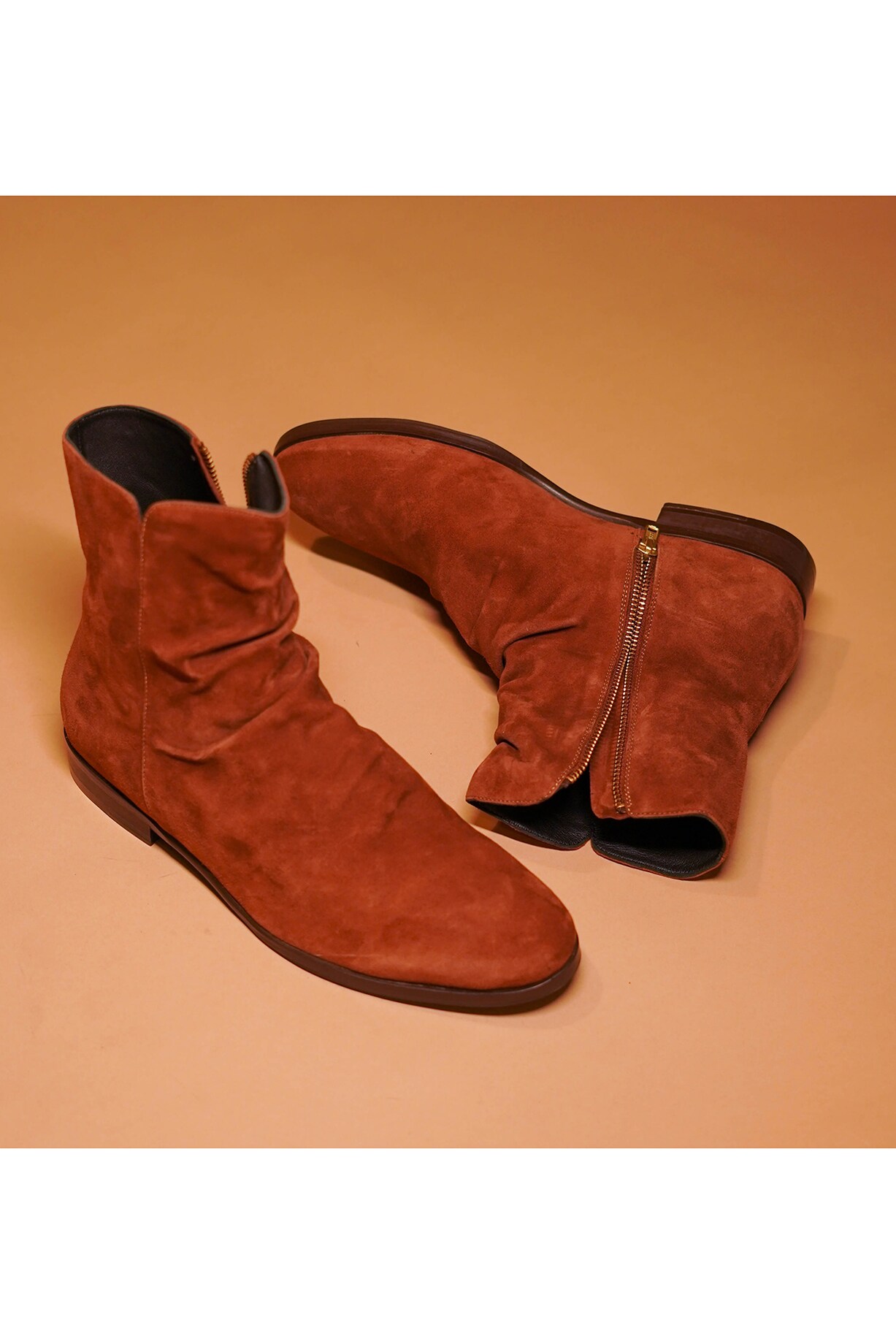 Brown Suede Wrinkled & Leather Boots by Dmodot at Pernia's Pop Up Shop 2026