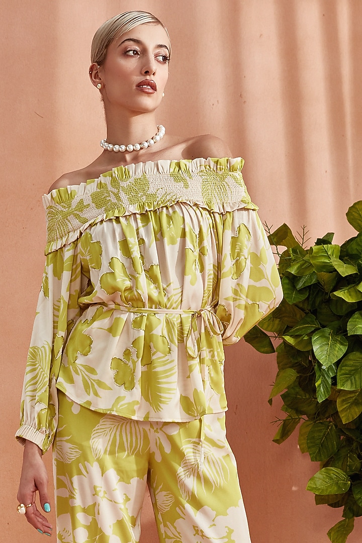 Spring Green Silk Satin Embellished Off-Shoulder Top by Label Deepika ...