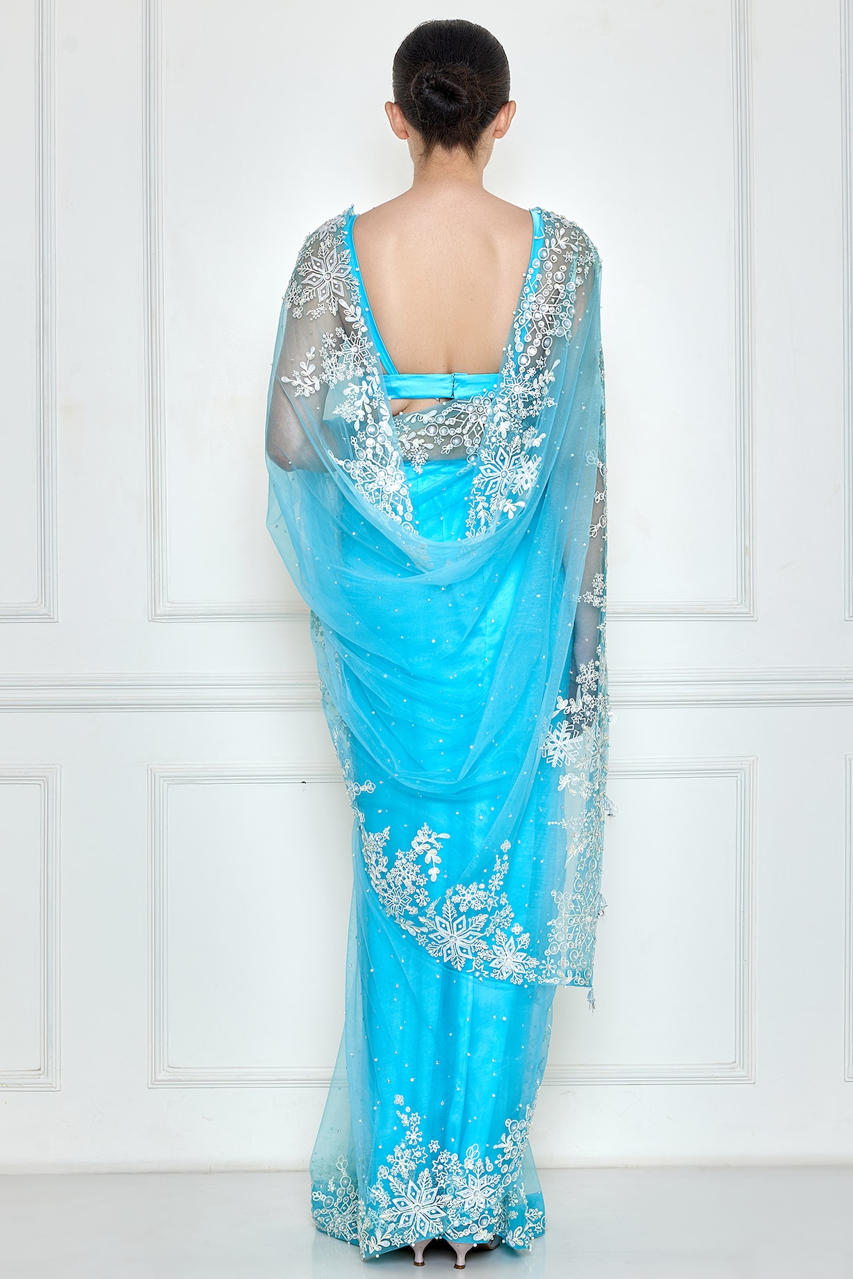 Vivid Sky Blue Net & Polyester Satin Embroidered Saree by Dilnaz ...