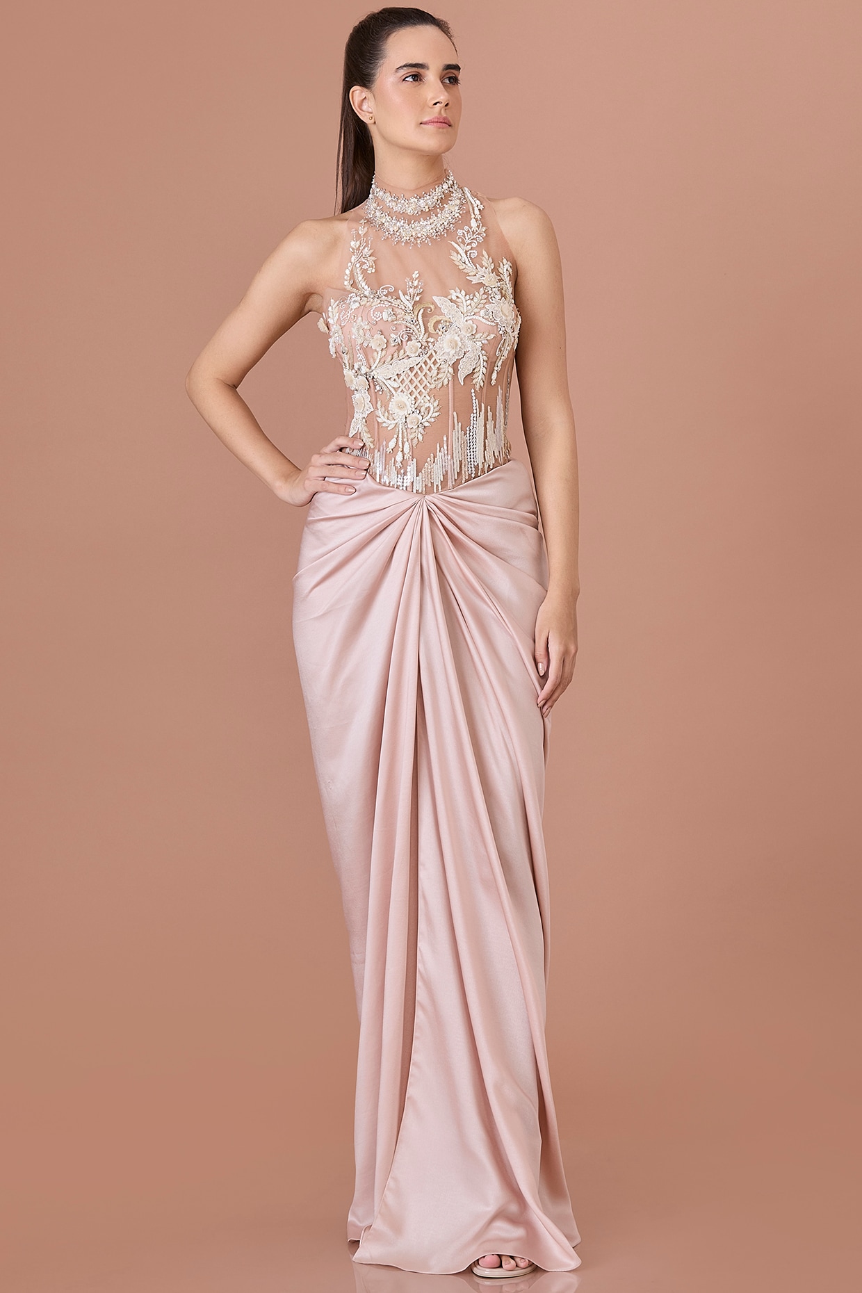 Blush Net & Blended Satin Embroidered Draped Halter Gown by Dilnaz ...