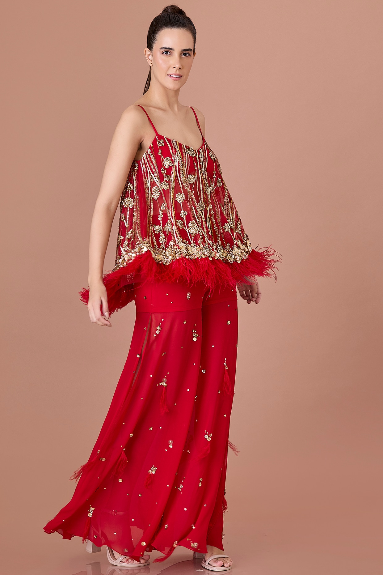 Red Blended Satin & Georgette Hand Embroidered Sharara Pants by Dilnaz ...