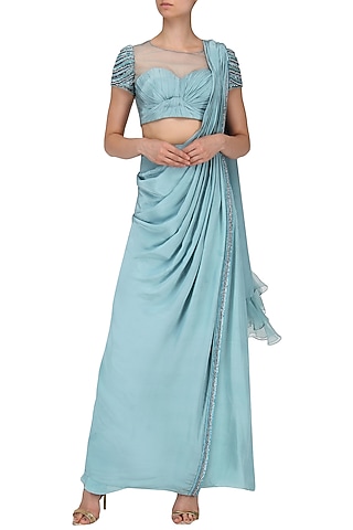 Ice blue drape saree with embroidered blouse available only at Pernia's ...