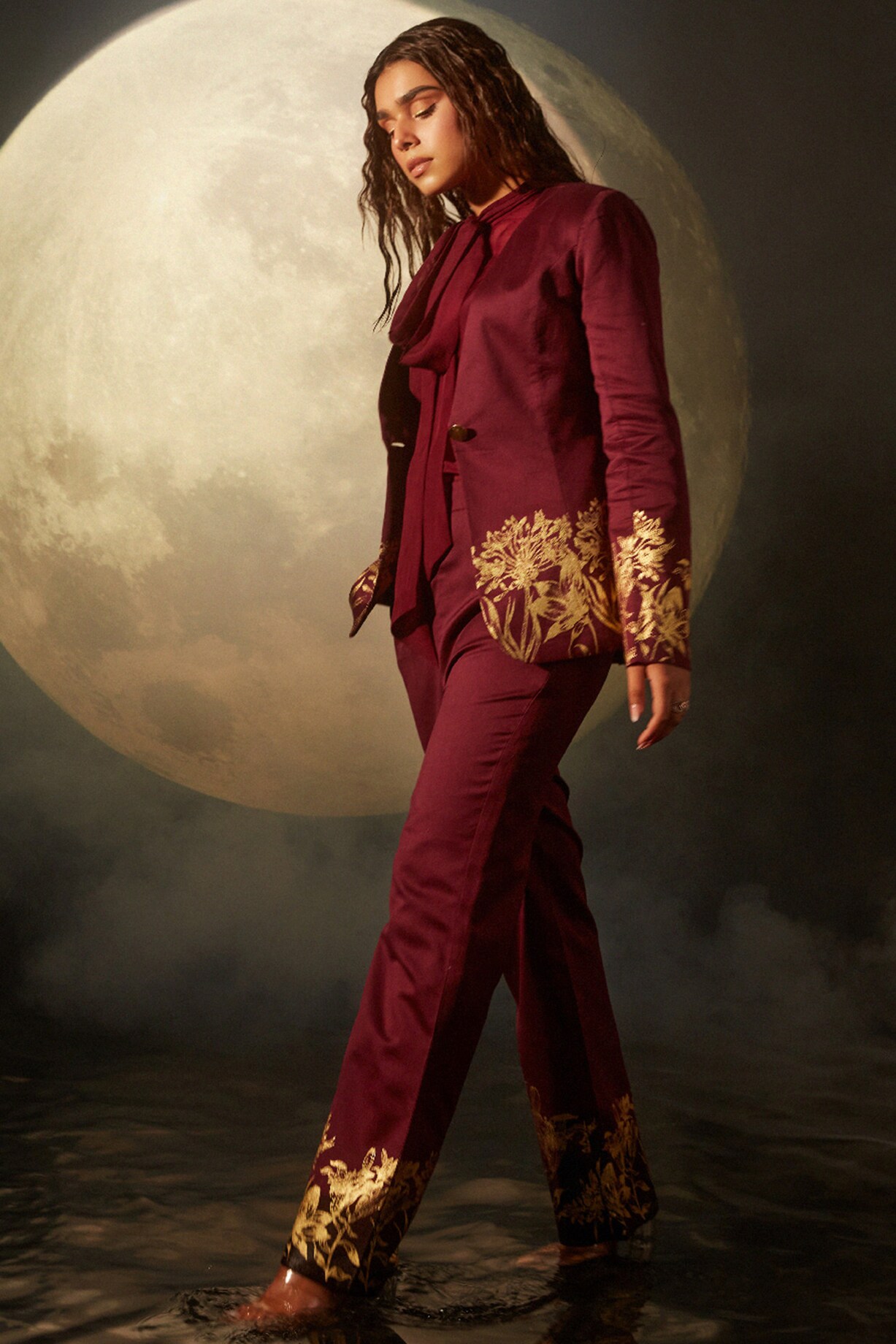 Maroon Silk Chanderi Printed Blazer Set by DOHR INDIA at Pernia's Pop ...