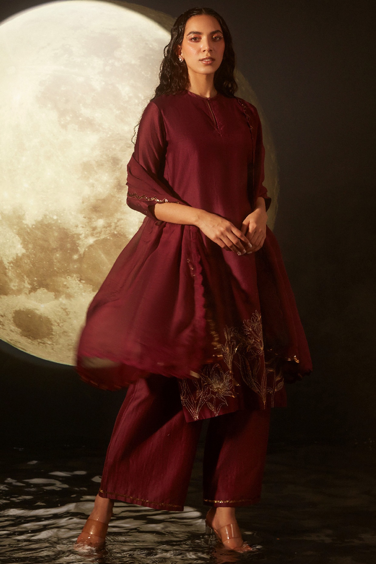 Deep Maroon Silk Chanderi Embroidered Kurta Set by DOHR INDIA at Pernia ...