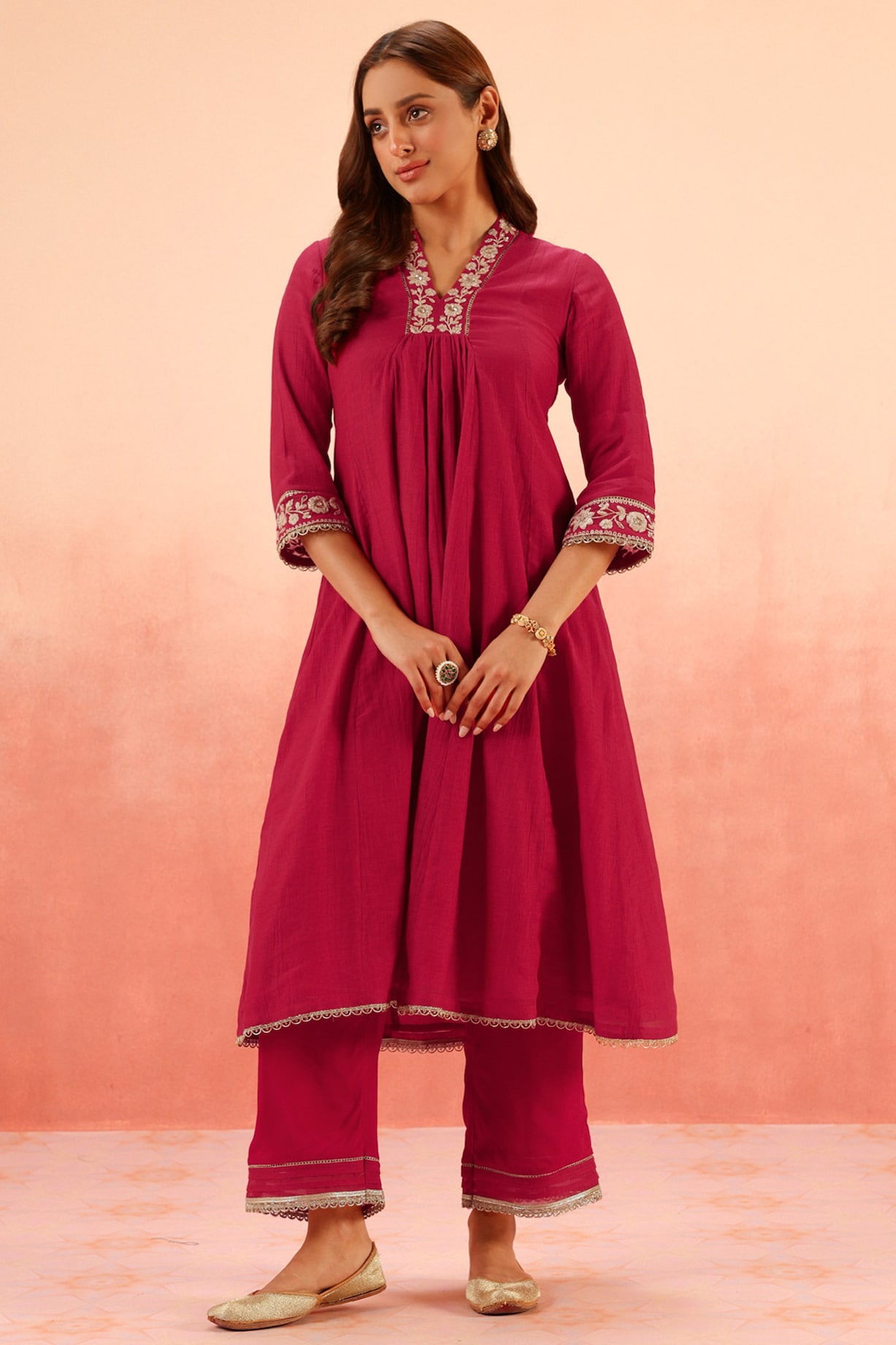 Crimson Red Cotton Silk Gota Work A-Line Set by DOHR INDIA at Pernia's ...