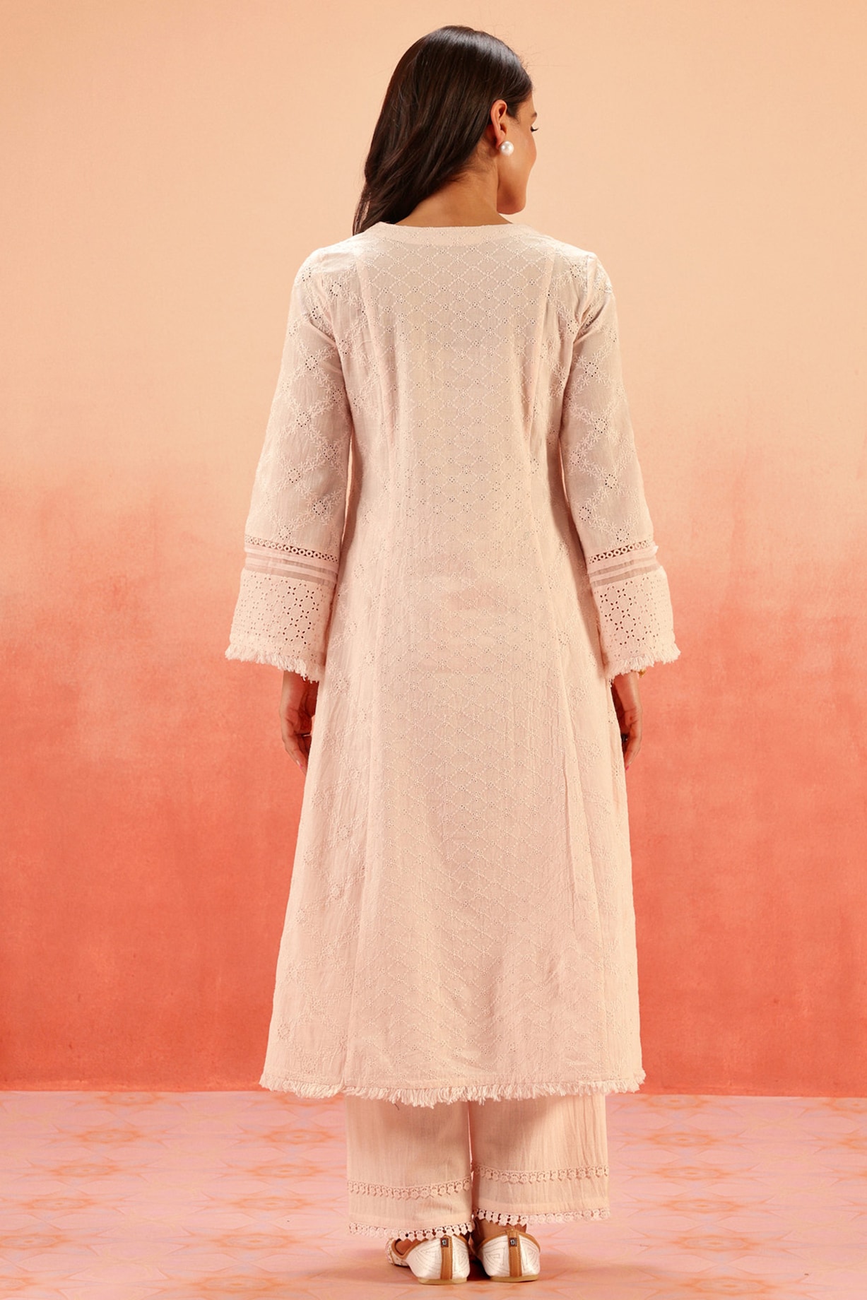 Pink Cotton Schiffli Lacework A-Line Kurta Set by DOHR INDIA at Pernia ...
