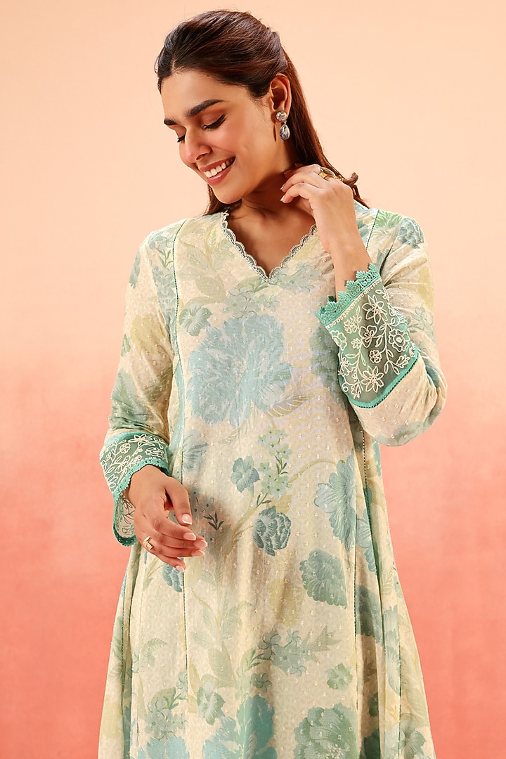 Green Cotton Dobby Floral Printed & Hand Embroidered A-Line Kurta Set ...