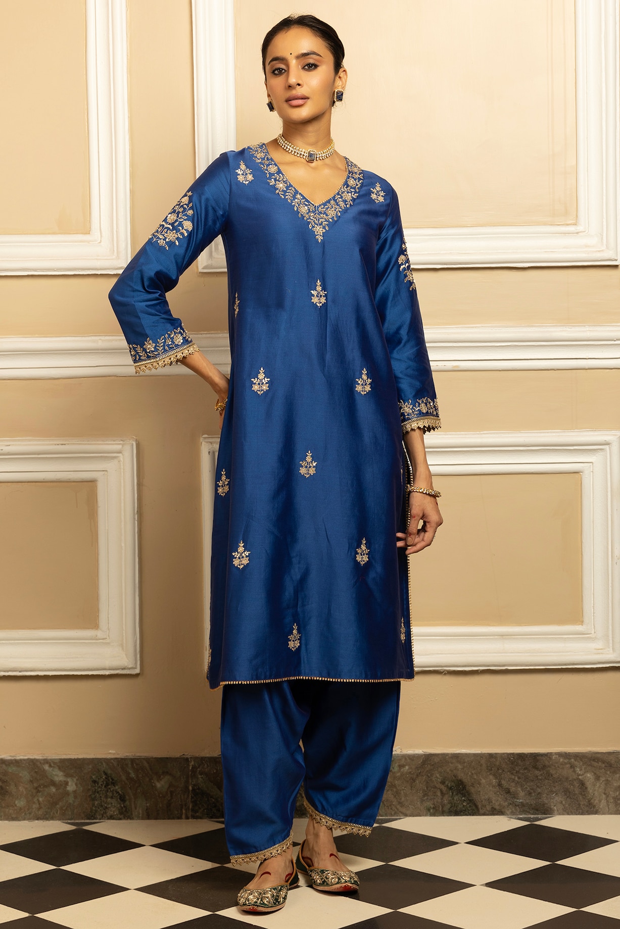 Blue Silk Chanderi Sequins Embroidered Kurta Set by DOHR INDIA at ...
