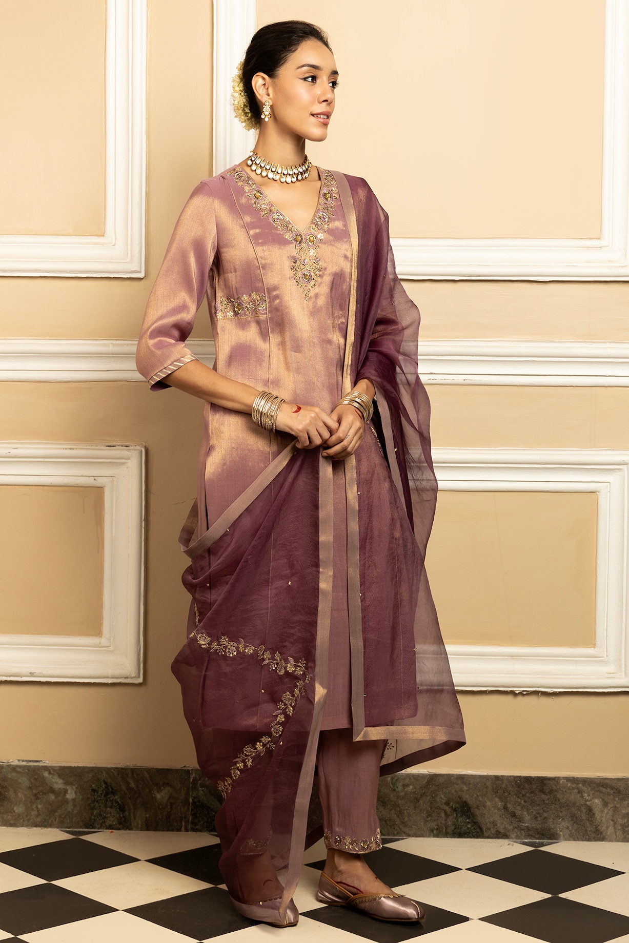Purple Tissue Blend Sequins Embroidered Kurta Set by DOHR INDIA at ...
