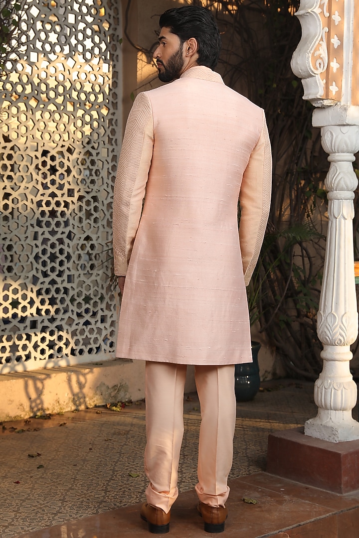 Peach Brocade Fabric Hand Embroidered Indowestern Set Design by Design ...