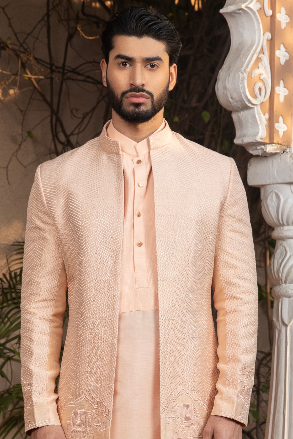 Peach Brocade Fabric Hand Embroidered Indowestern Set Design by Design ...