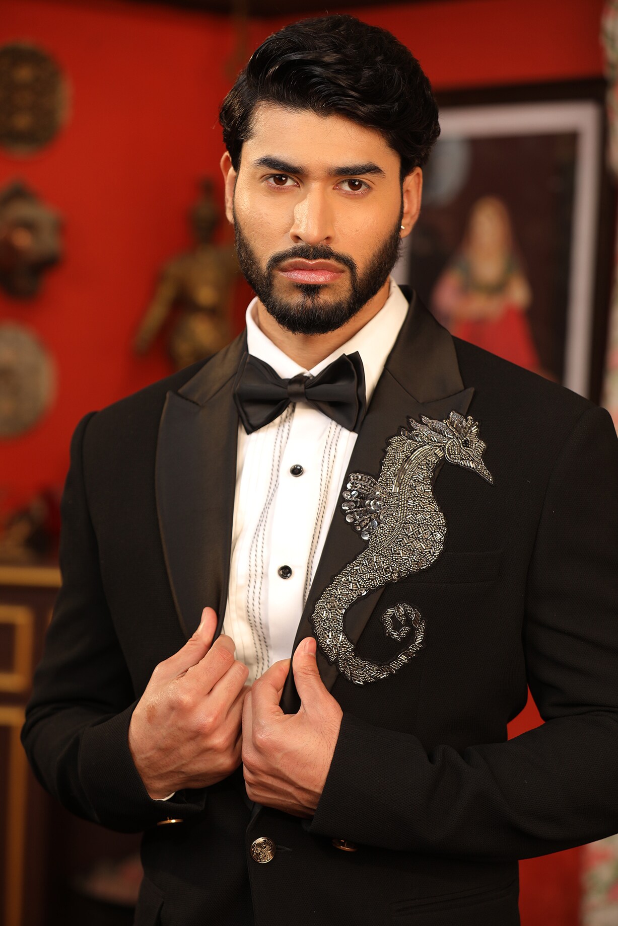 Black Suiting Fabric Embroidered Tuxedo Set by Design O Stitch Men at ...