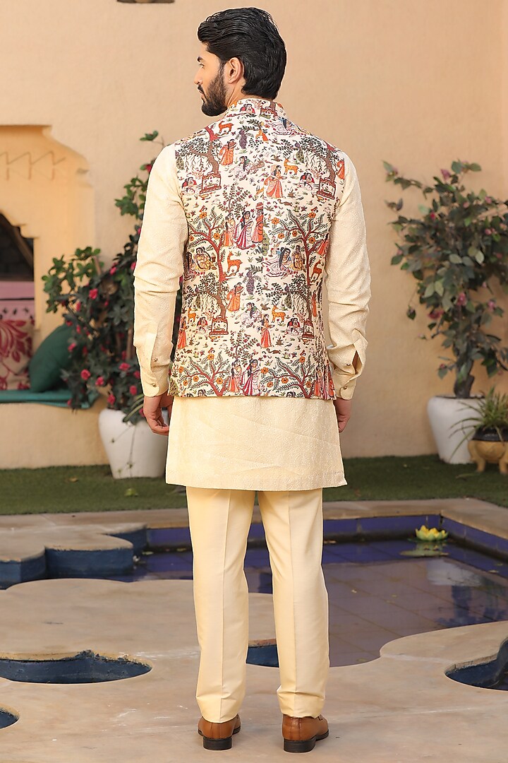 Cream Silk Printed & Embroidered Jawahar Jacket Set by Design O Stitch ...