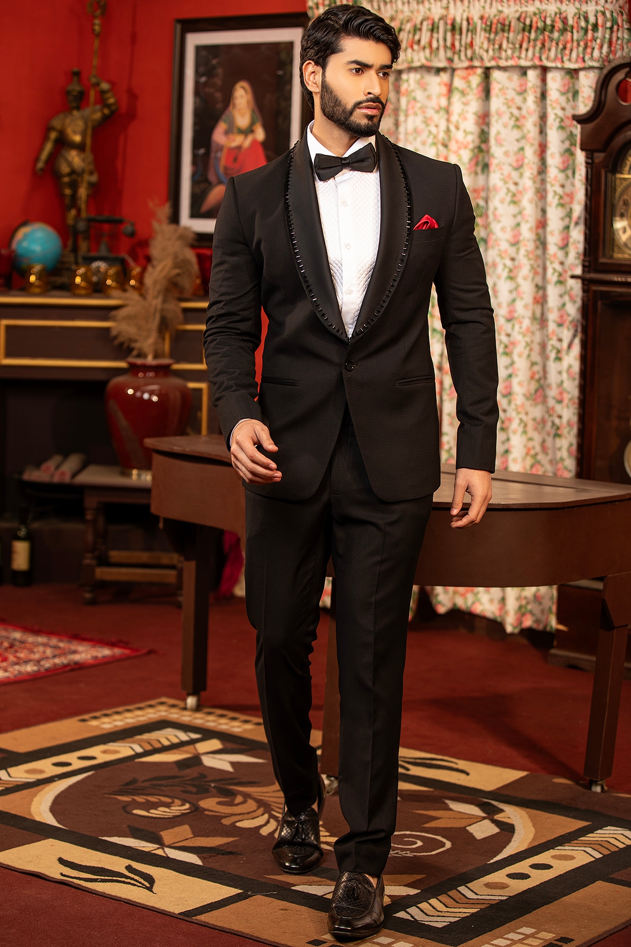 Black Suiting Fabric Nalki Work Tuxedo Set by Design O Stitch Men at ...