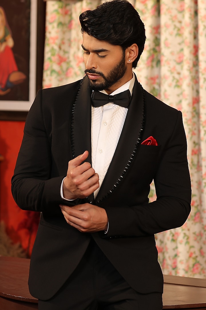 Black Suiting Fabric Nalki Work Tuxedo Set by Design O Stitch Men at ...