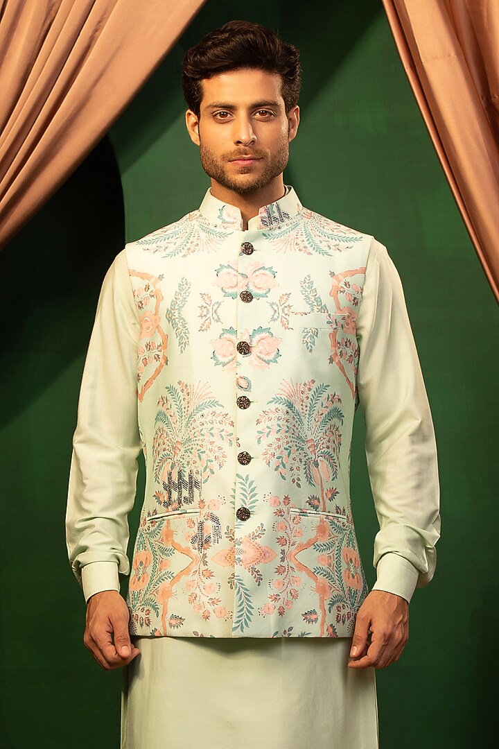 Sky Blue Silk Bead Embroidered & Digital Printed Nehru Jacket Set by ...