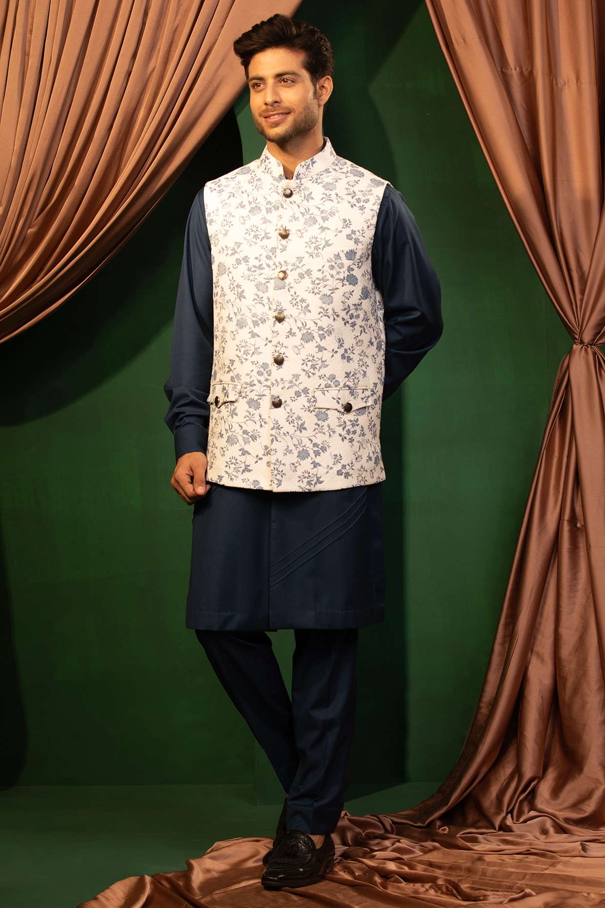 White Suiting Embroidered & Digital Printed Jawahar Jacket Set by ...