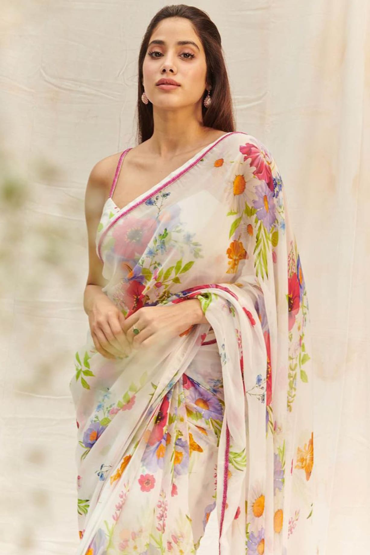 White Organza Floral Printed & Cutdana Hand Embroidered Saree Set by ...
