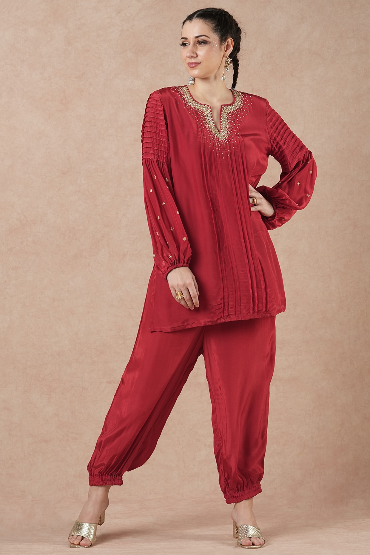 Ruby Red Pure Silk Crepe Hand Embroidered Short Kurta Set by Dori & Co ...