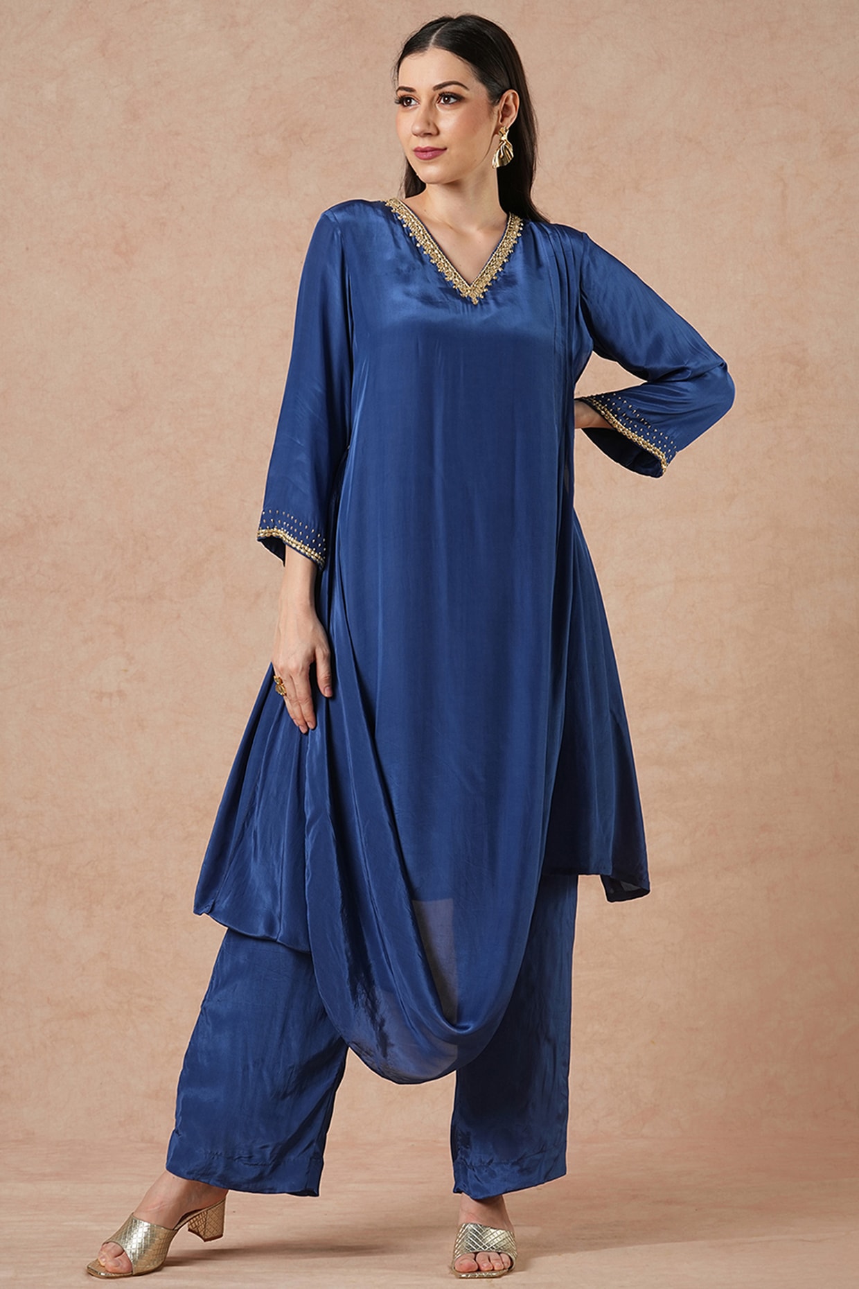 Midnight Blue Pure Silk Crepe Metal Hand Embroidered Draped Kurta Set ...
