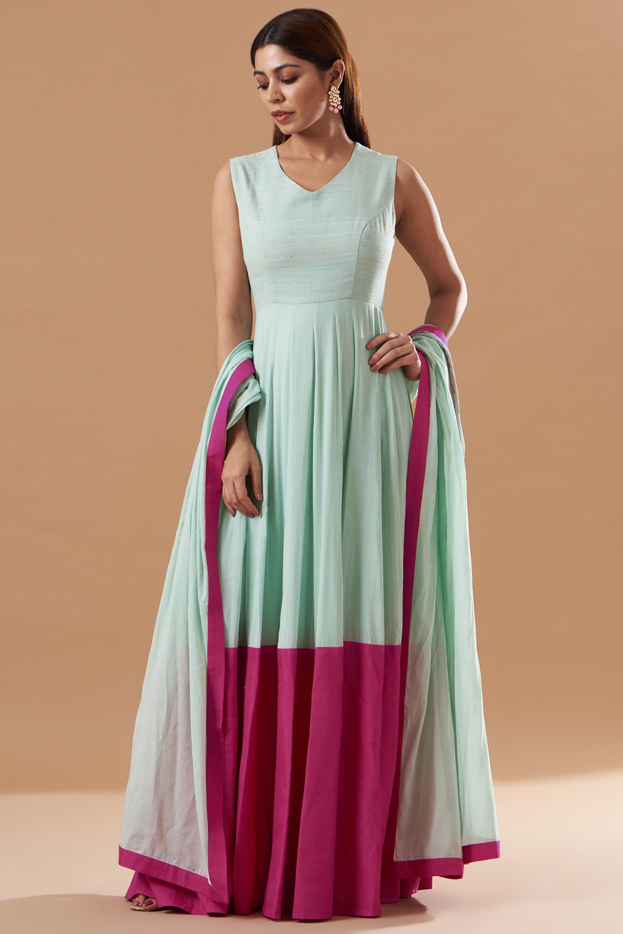 Powder Blue & Pink Cotton Anarkali Set by Blue Lotus at Pernia's Pop Up ...