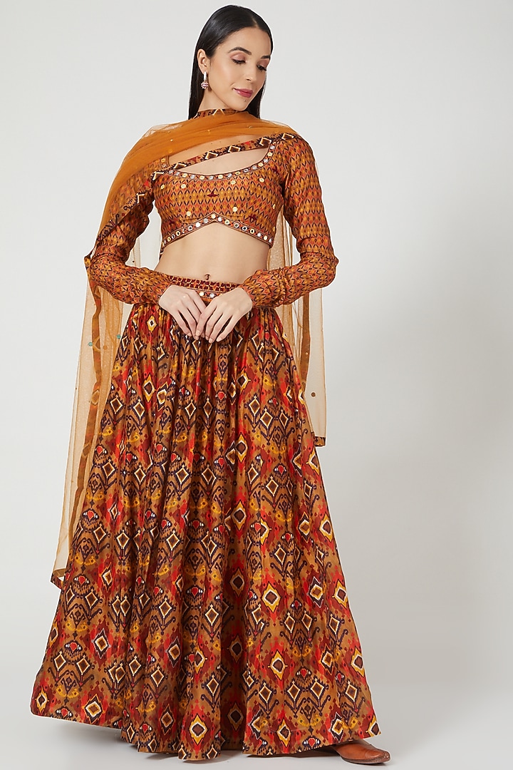 Rust Orange Embroidered & Printed Wedding Lehenga Set by Drishti ...