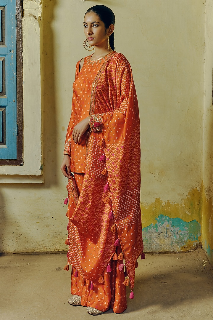 Rust Dupion Silk Bandhani Printed & Hand Embroidered Kurta Set by Drishti & Zahabia at Pernia's ...