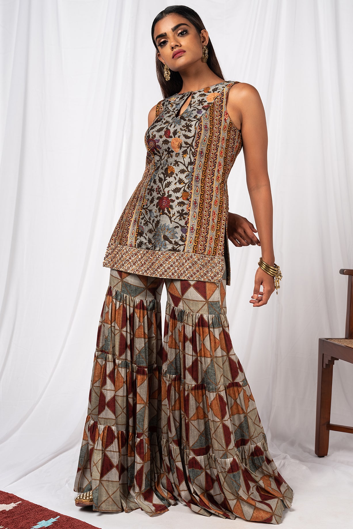 Sea Blue Embroidered & Printed Sharara Set by Drishti & Zahabia at ...