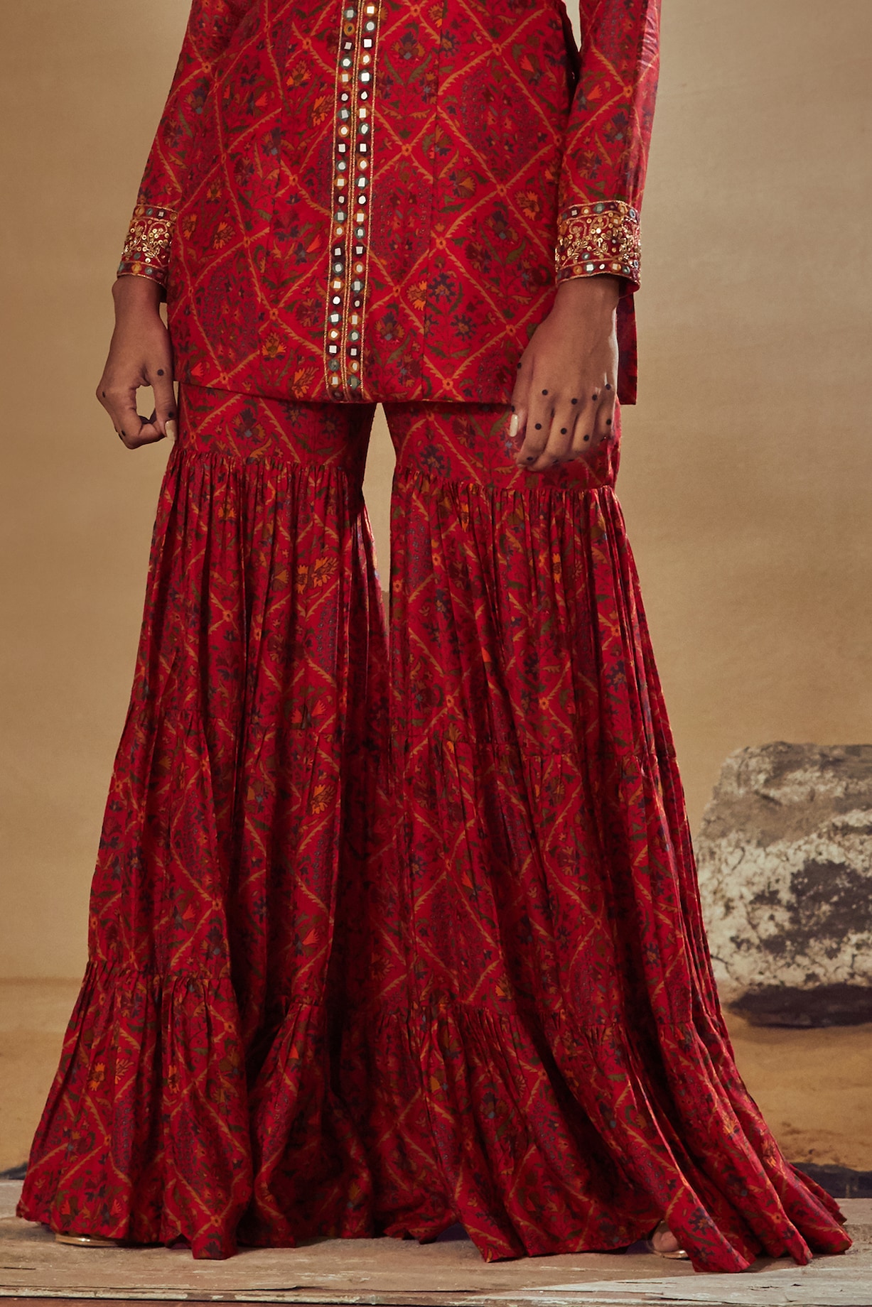 Red Dupion Silk Printed Sharara Set by Drishti & Zahabia at Pernia's ...