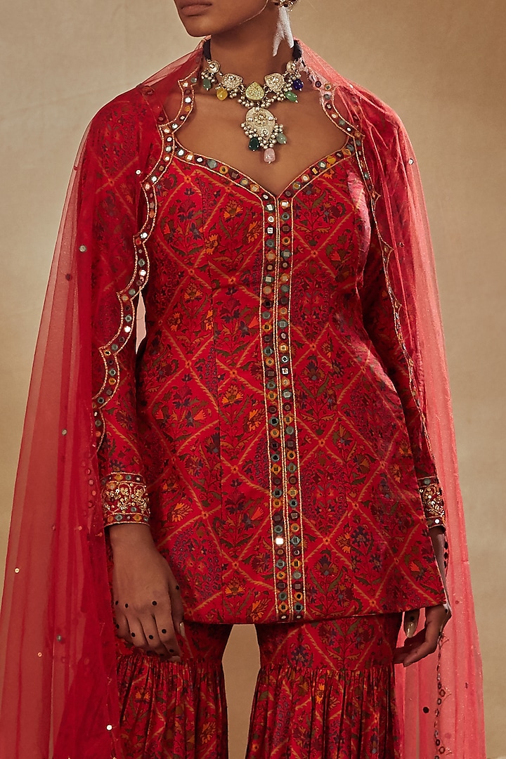 Red Dupion Silk Printed Sharara Set by Drishti & Zahabia at Pernia's ...