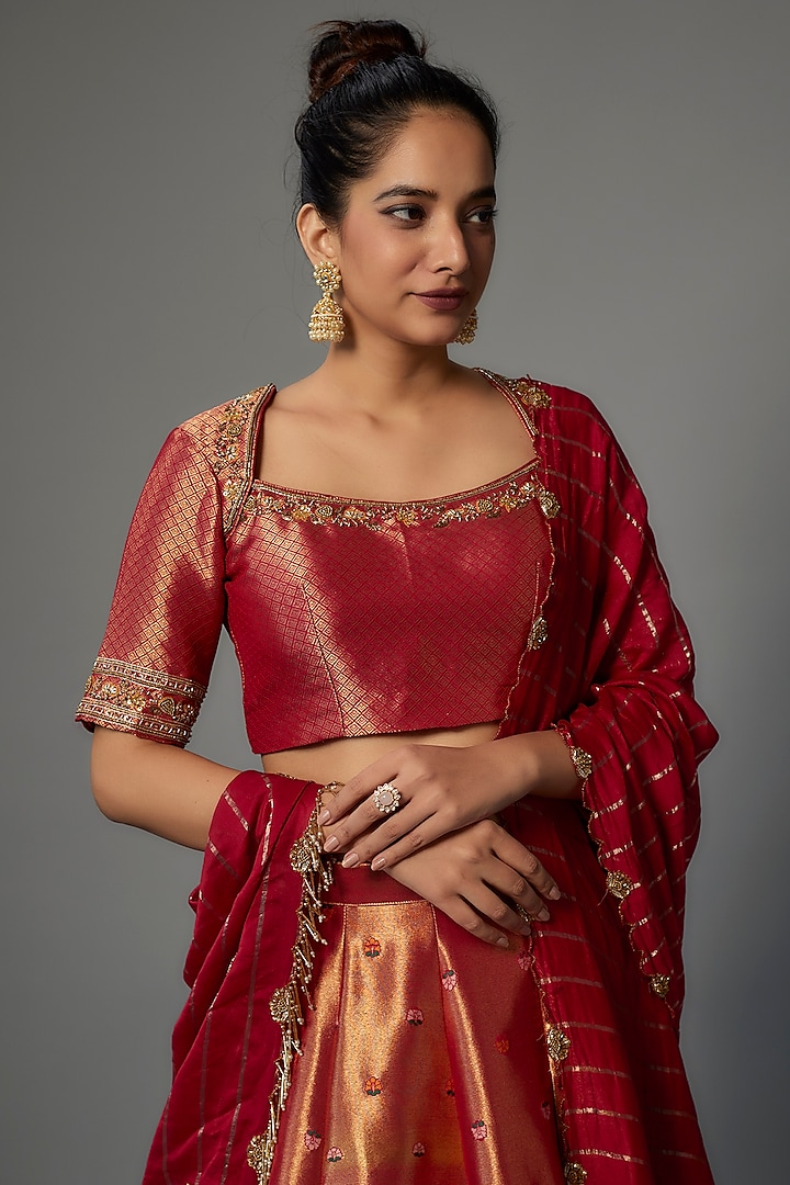 Maroon with Gold Zari Tissue Wedding Lehenga Set by Dhara Shah Studio ...