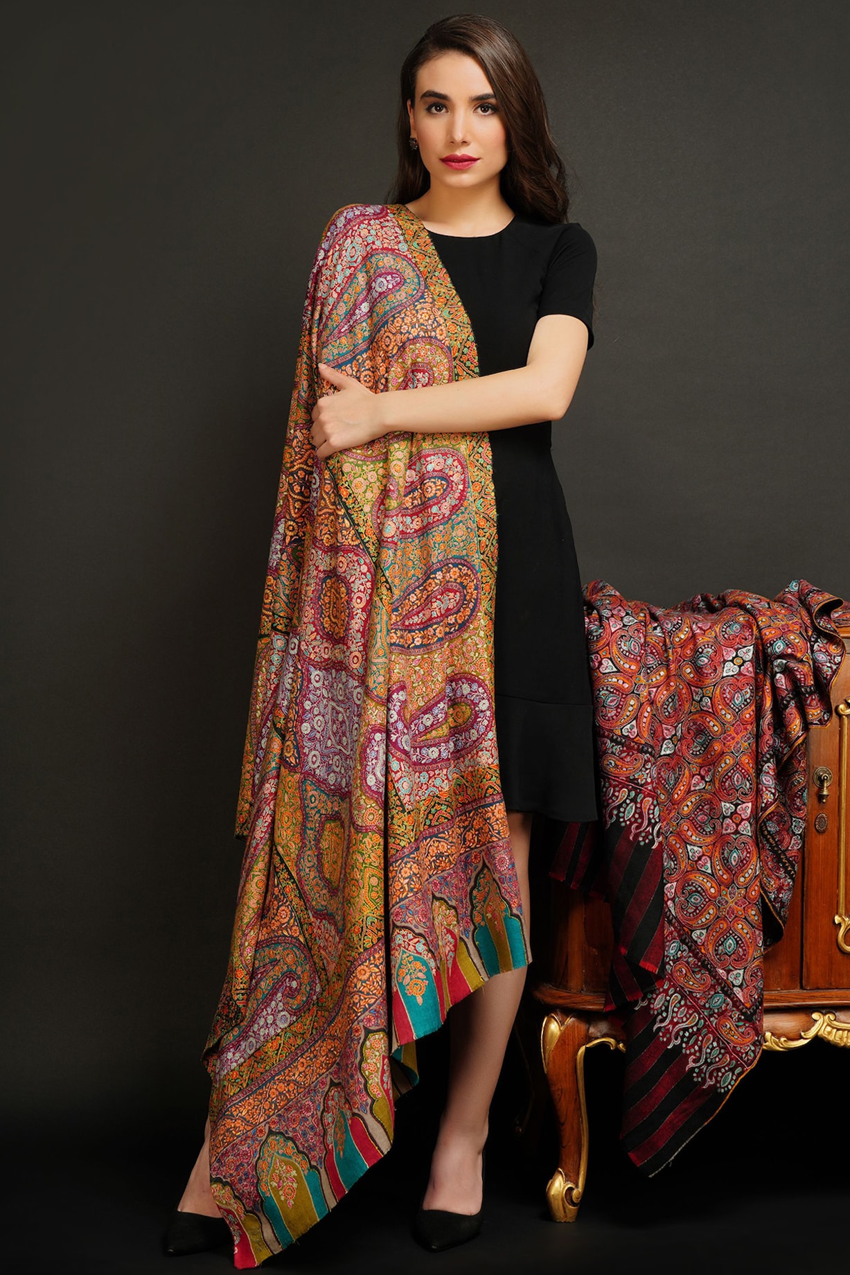Multi-Colored Pashmina Kalamkari Shawl by DUSALA ACCESSORIES at Pernia ...