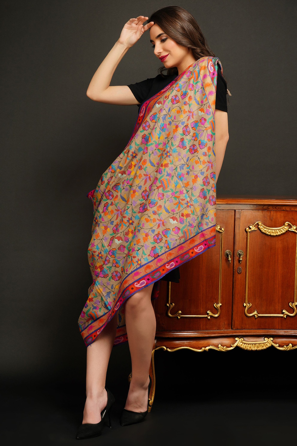 Multi-Colored Hand Embroidered Shawl by DUSALA ACCESSORIES at Pernia's ...
